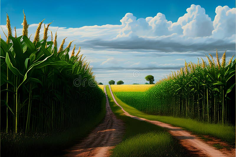Corn Field and Blue Sky with White Clouds. 3d Illustration Stock ...
