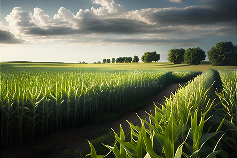Corn Field and Blue Sky with White Clouds - 3d Render Illustration ...