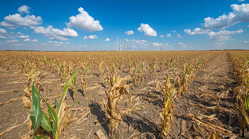 Corn Field with Drought-Affected Crops Under a Clear Blue Sky with ...