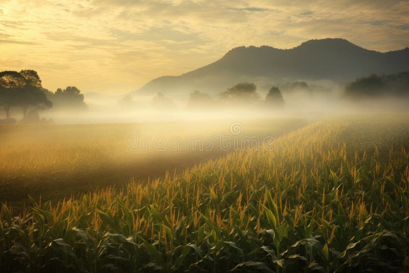 Corn field in morning mist stock image. Image of land - 290441527