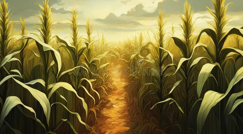 Corn Field with Path in Center Painting Stock Illustration ...