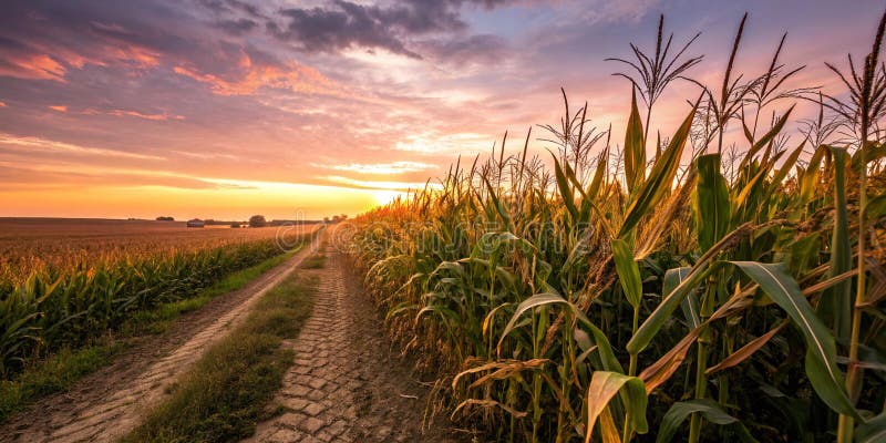 Corn Field Perspective on a Sunset Stock Illustration - Illustration of ...