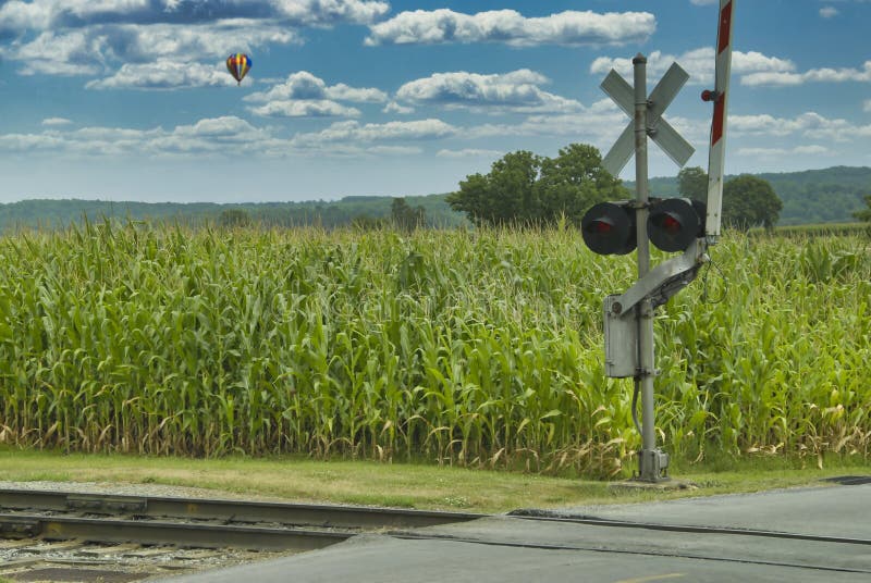 Corn Field by a Rail Road Crossing Gate Stock Photo - Image of clouds ...