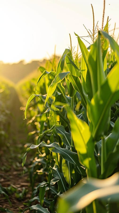 Corn Field in the Rays of the Setting Sun, Ripening of Fresh Corn Crop ...