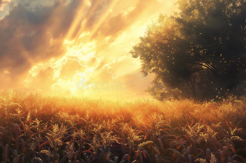 Corn Field in the Rays of the Setting Sun, Ripening of Fresh Corn Crop ...