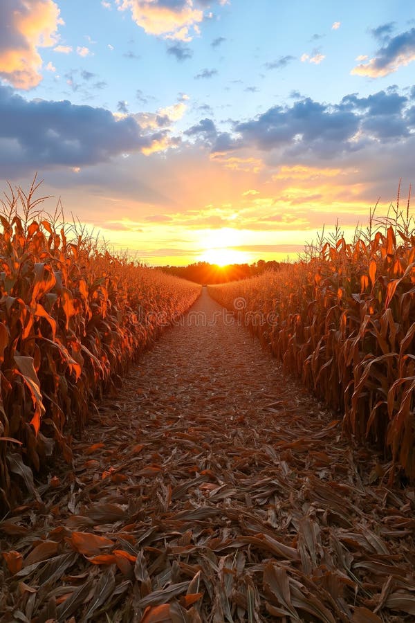 A Corn Field with the Sun Setting in the Background Stock Photo - Image ...