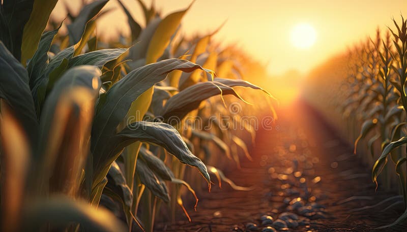 A Corn Field with the Sun Setting in the Distance Behind it Stock ...
