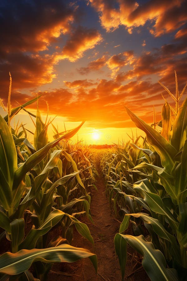 Corn Field at Sunset.Generative AI Stock Illustration - Illustration of ...