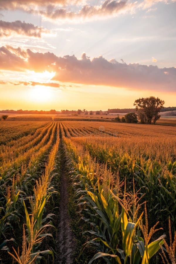 Corn Field at Sunset stock illustration. Illustration of light - 366425270