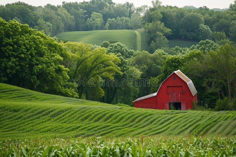 Corn Fields are Bright Green in the Spring in the Indiana Farm Area. a ...