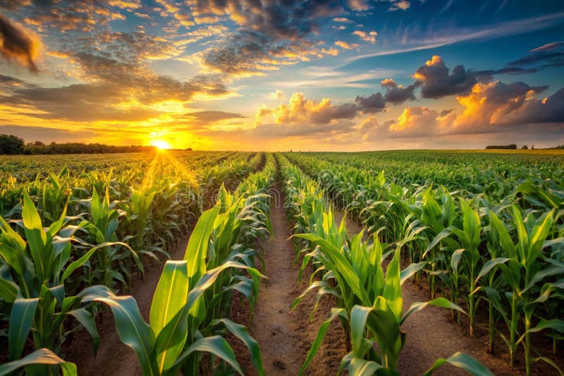Corn Fields at Sunset. Landscape of Rows of Corn at Sunset Stock Illustration - Illustration of ...