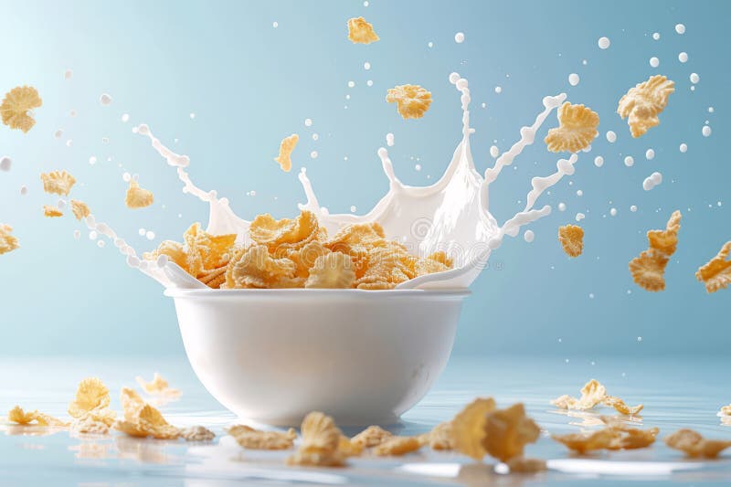 Corn Flakes Bowl with Fresh Milk Pouring in on Blue Background Stock ...
