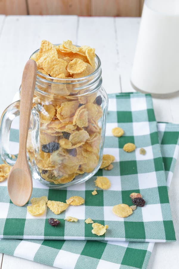 Corn Flakes Bran and Raisin Cereal with Nut and Grain in Mason J Stock ...