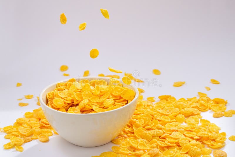Corn Flakes Falling To the White Bowl. Motion. Copyspace Stock Image ...