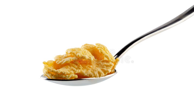 Corn Flakes on Metal Spoon Isolated on White. Volumetric Back Light ...