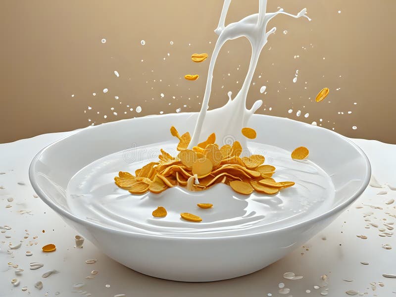 Corn Flakes with Milk Splash in White Bowl Isolated on White and Beige ...