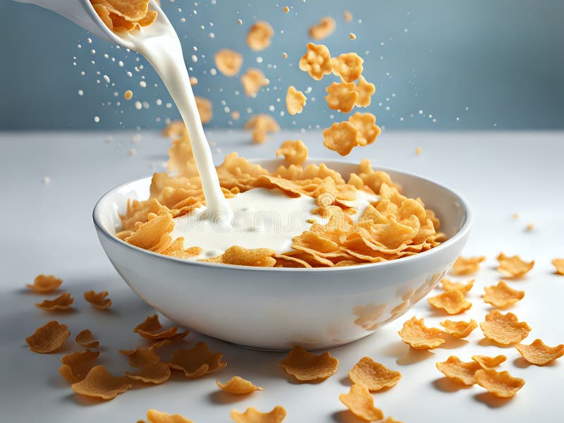 Corn Flakes with Milk Splash in White Bowl Isolated on White and Cyan ...