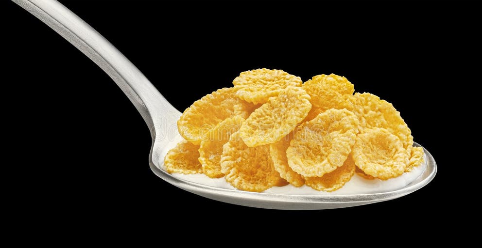 Corn Flakes on Spoon with Yogurt Isolated on Black Background Stock ...