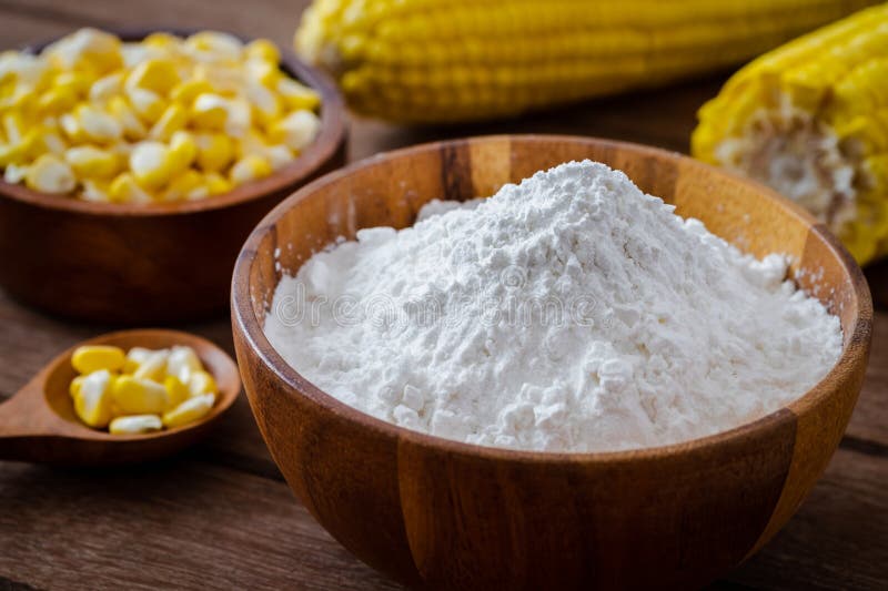 Corn Flour in Wooden Bowl and Corn Cobs on Table Stock Photo - Image of ...
