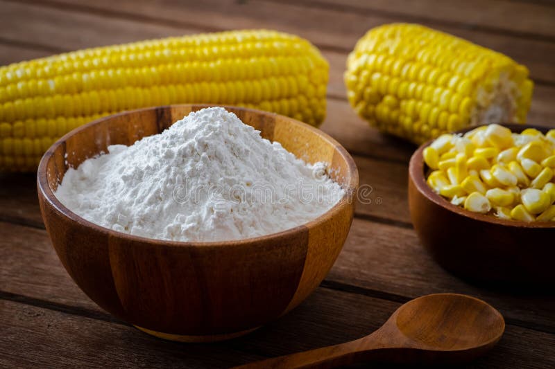 Corn Flour in Wooden Bowl and Corn Cobs on Table Stock Photo - Image of ...