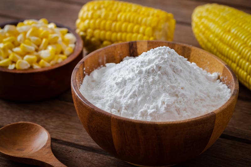 Corn Flour in Wooden Bowl and Corn Cobs on Table Stock Image - Image of ...