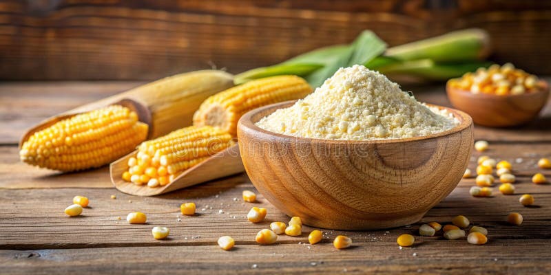 Corn Flour in a Wooden Cup Put on Wooden Table There are Corn Kernels ...