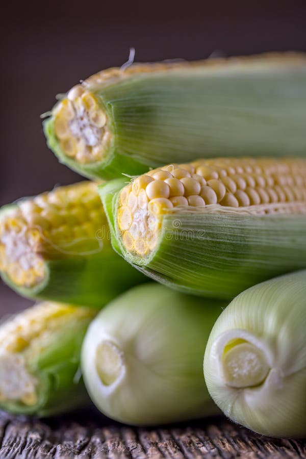 Corn. Fresh Corn on Old Rustic Oak Table Stock Photo - Image of meal ...