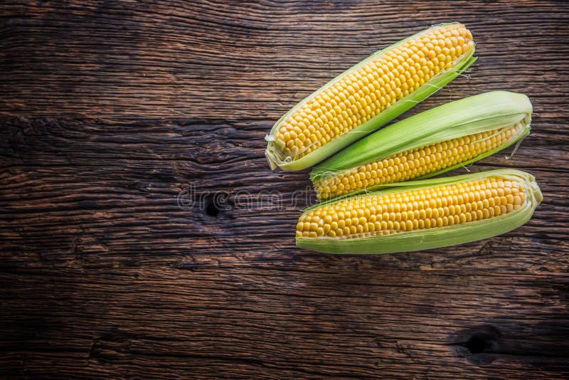 Corn. Fresh Corn on Old Rustic Oak Table Stock Image - Image of green ...
