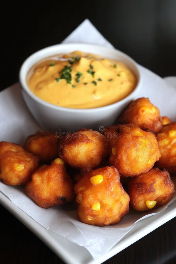 Corn Fritters with Cheddar Cheese Dip on White Plate Stock Image ...
