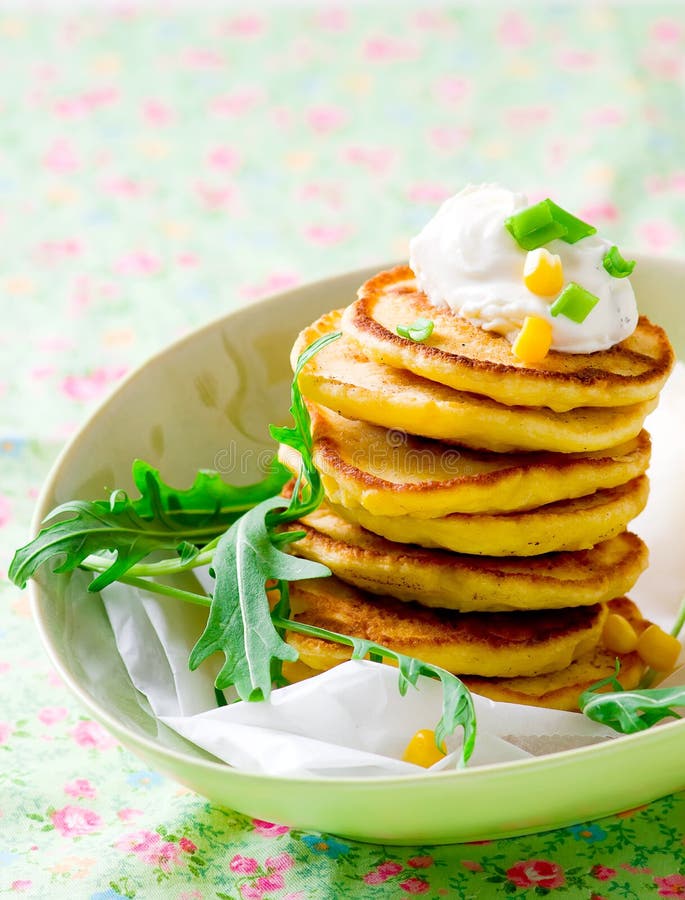 Corn Fritters with Sour Cream Stock Image - Image of lunch, breakfast ...