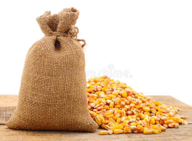 Corn Grains in Bag on Wooden Table Stock Image - Image of kernel, white ...