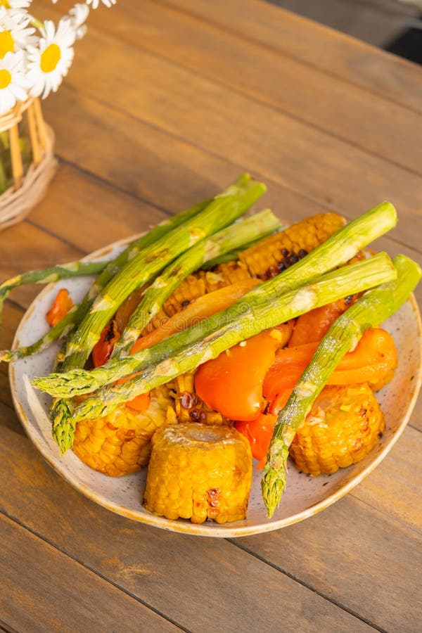 Corn, Green Bean and Bell Peppers are Cooked on the Grill Stock Image ...