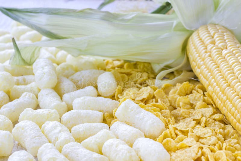Corn with Green Leaves and Cornflakes, Sweet Corn Sticks Stock Image ...