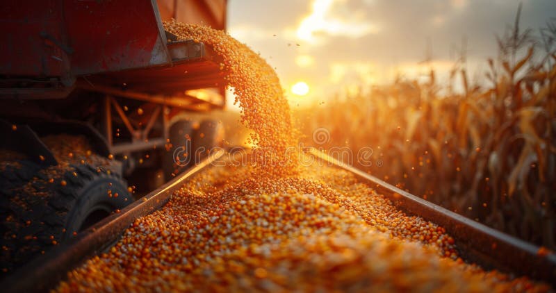 Corn Harvesting at Sunset in a Rural Cornfield with Machinery Unloading ...