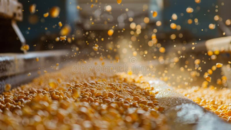 Corn Kernels Being Processed in a Factory Conveyor Belt Early Morning ...
