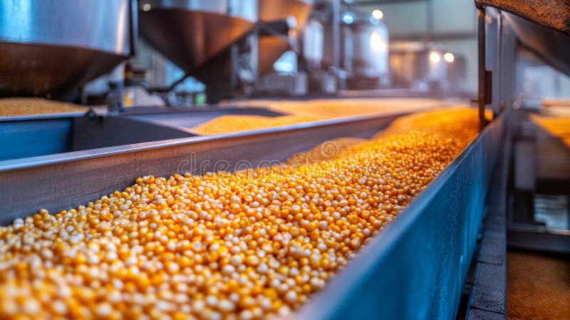 Corn Kernels Flowing through Industrial Agricultural Processing Stock ...