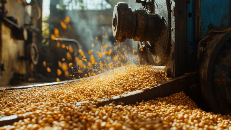 Corn Kernels Flowing from Industrial Grain Processing Machine Stock ...