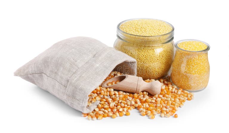 Corn Kernels, Millet Groats and Cornmeal Isolated on White Stock Image ...