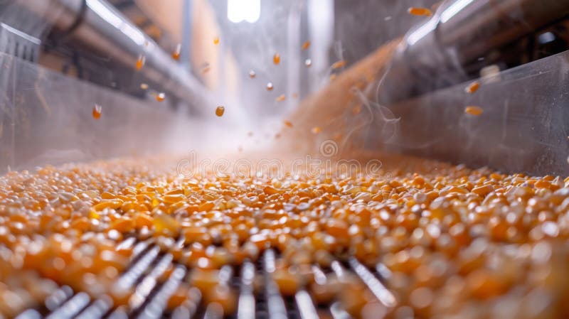 Conveyor System Processing Corn Kernels in a Food Factory during the ...