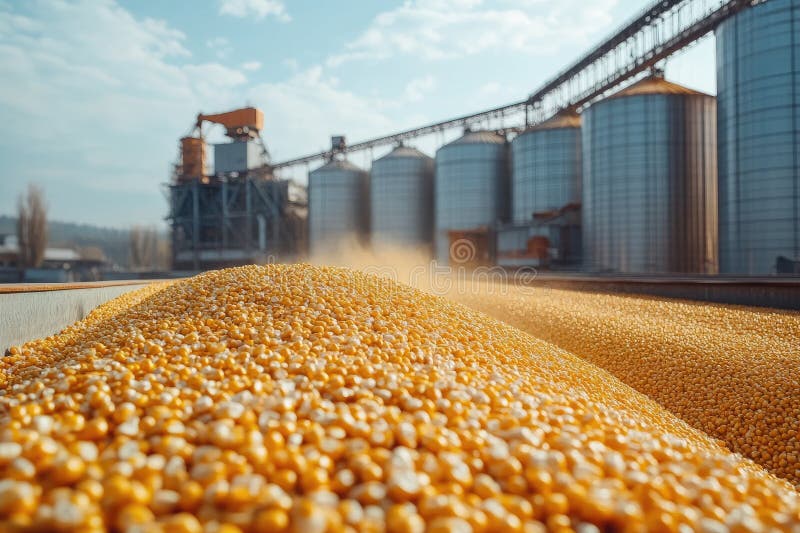 Corn Kernels Moving on Conveyor Belt into Storage Silos Stock ...