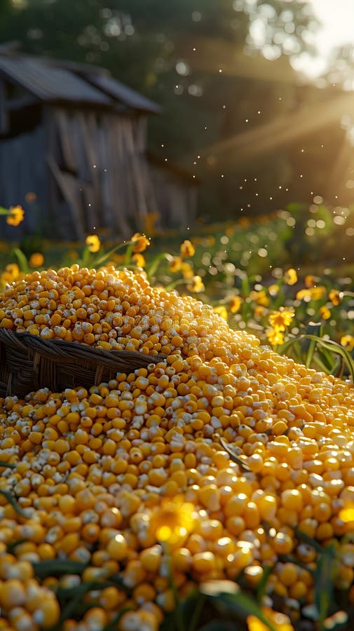 Corn Kernels Scattered in Field with Barn in Background Stock Photo ...