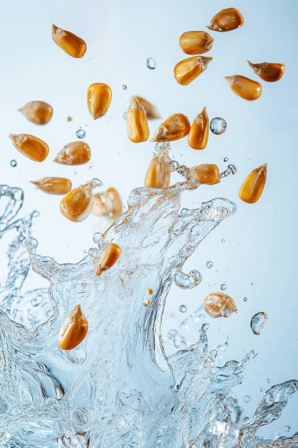 Corn Kernels Splashing into Water with Blue Background Stock ...