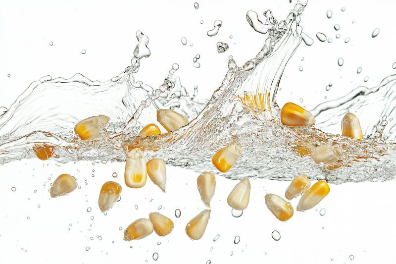 Corn Kernels Splashing into Water on White Background Stock ...