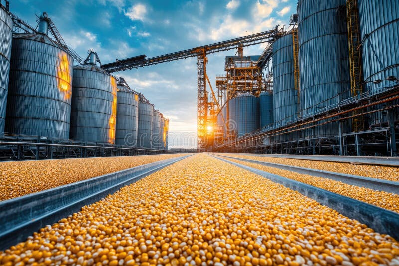 Corn Kernels Transported on Conveyor Belt in Modern Granary at Sunset ...
