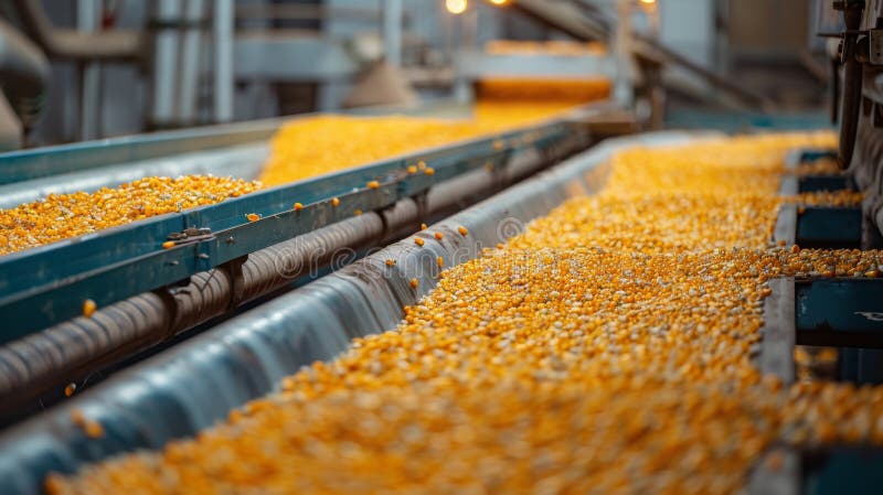 Corn Kernels Moving on Conveyor Belts in Industrial Factory at Daytime ...