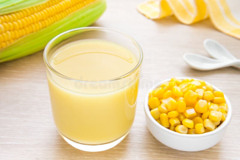 Corn Milk in Glass, Kernel Corn in Bowl and Fresh Corn Stock Image ...