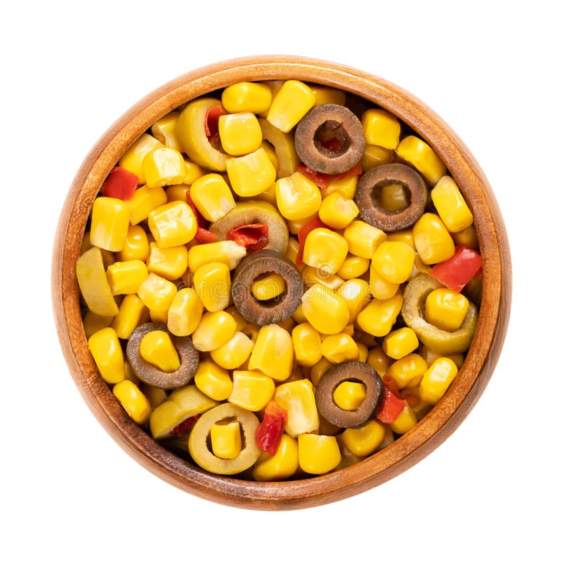 Mix of Canned Corn, Sliced Olives and Diced Peppers, in a Wooden Bowl ...