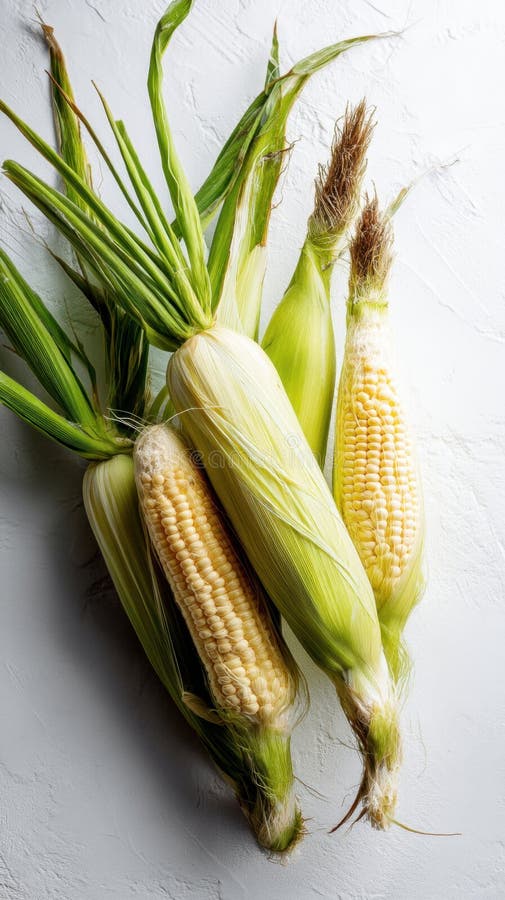 Corn Month. Fresh Corn on the Cob with Husk on Light Surface Stock ...