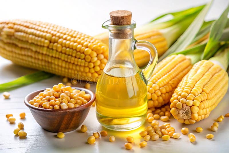 Corn Oil in a Clear Bottle with Fresh Corn Kernels on White Background ...