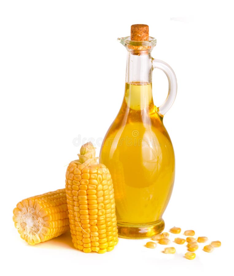 Corn Oil in Decanter, Fresh Corn Cobs and Grains Isolated on White ...